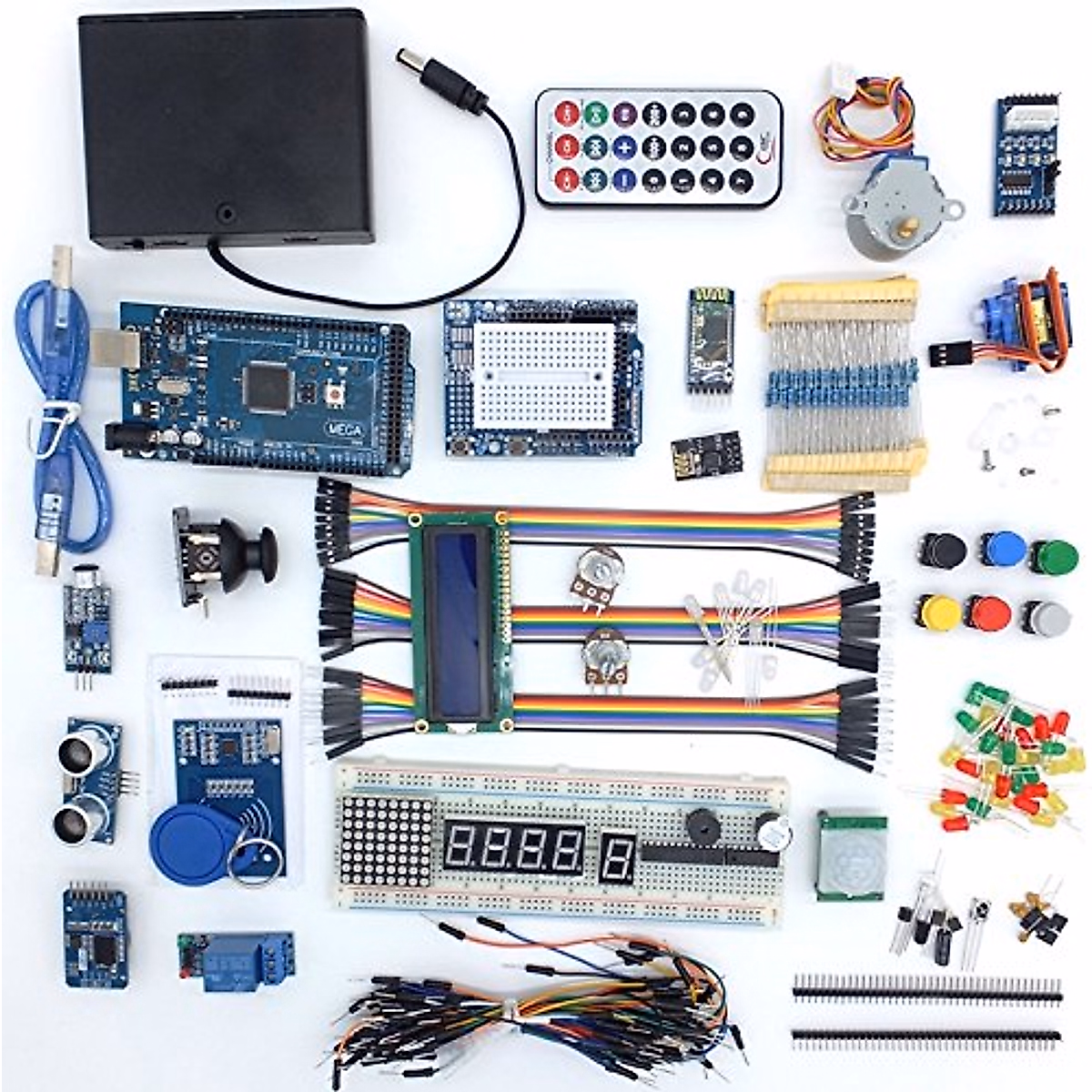 jdhlabstech MEGA 2560 Starter Kit Ultra (100% Open Source IDE Compatible) w/Battery Holder, Sensors, Modules, Resistor kit and Components (no Supply)