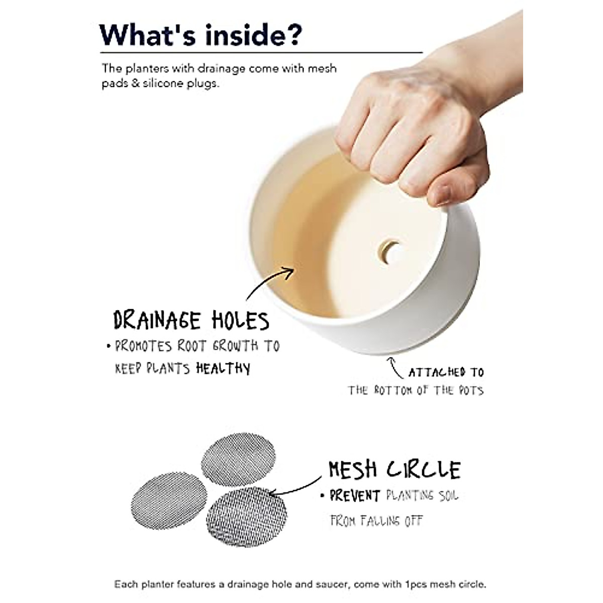 LE TAUCI Ceramic Plant Pots, 4.3+5.3+6.8 inch, Set of 3, Planters with Drainage Hole and Saucer, Indoor Flower Pot with Hole Mesh Pad, Gifts for Mom, White