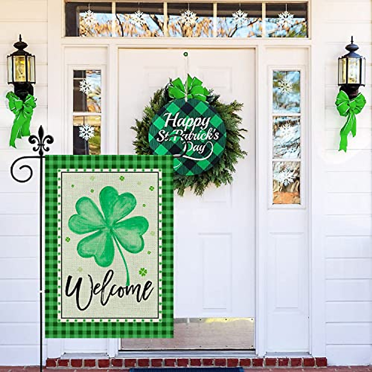 Mloabuc St. Patrick's Day Garden Flag Welcome Lucky Buffalo Lattice Yard Flag Farmhouse Double Sided Lattice Vertical Outdoor Decor 12 x 18 In