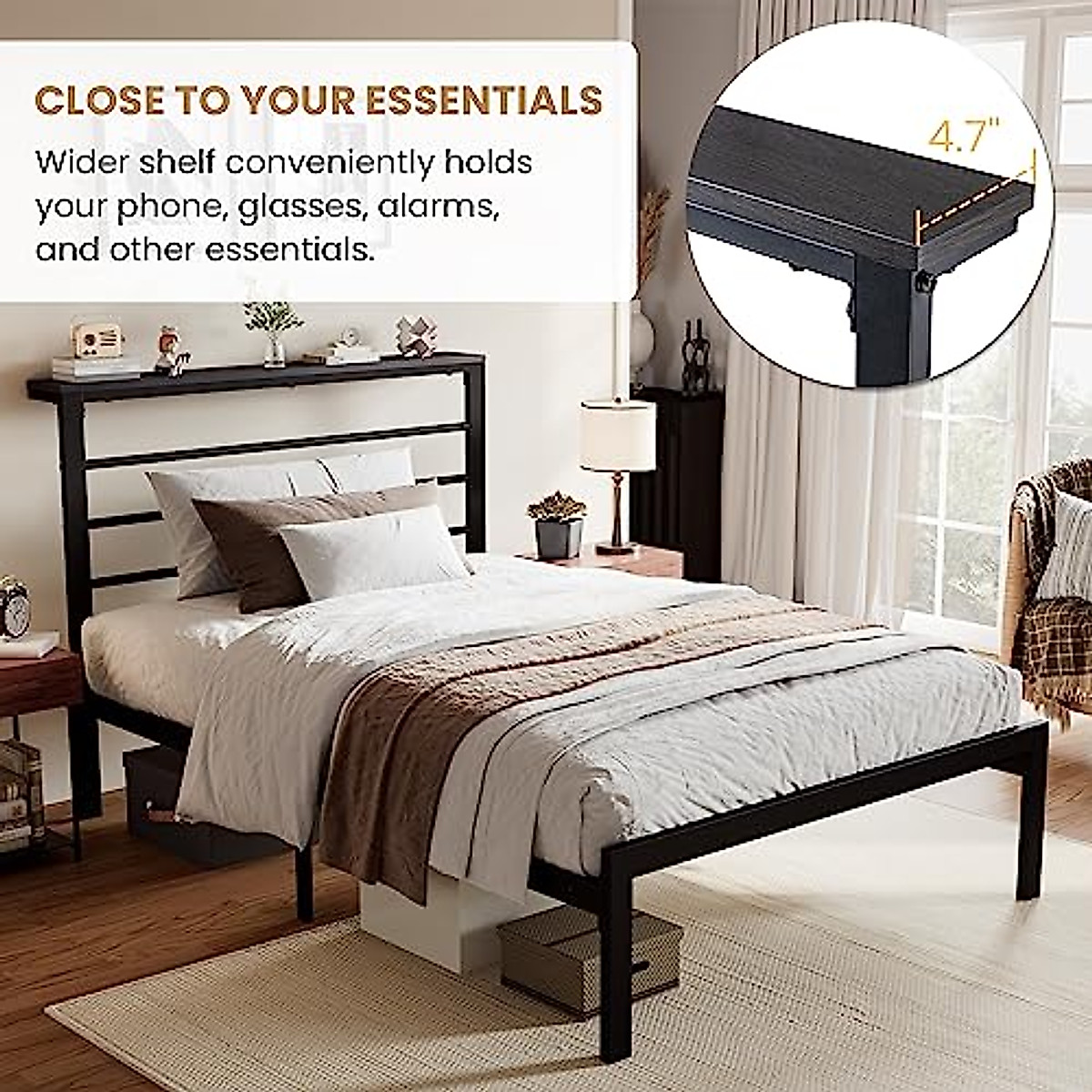 SHA CERLIN Twin Size Bed Frame with Headboard Shelf, Heavy Duty Platform Bed Frame with Strong Metal Foundation, No Box Spring Needed, Black