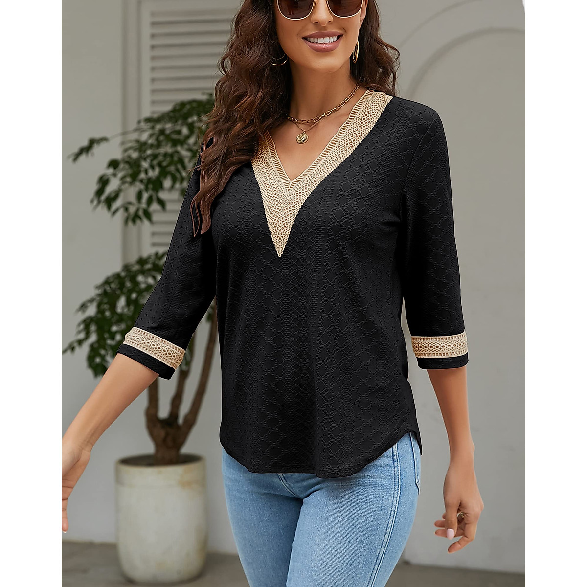 LIOFOER Women's Casual 3/4 Sleeve Shirts Lace V Neck Color Block Dressy Tops Trendy Hollow Floral Blouses T Shirts S-XXL Black