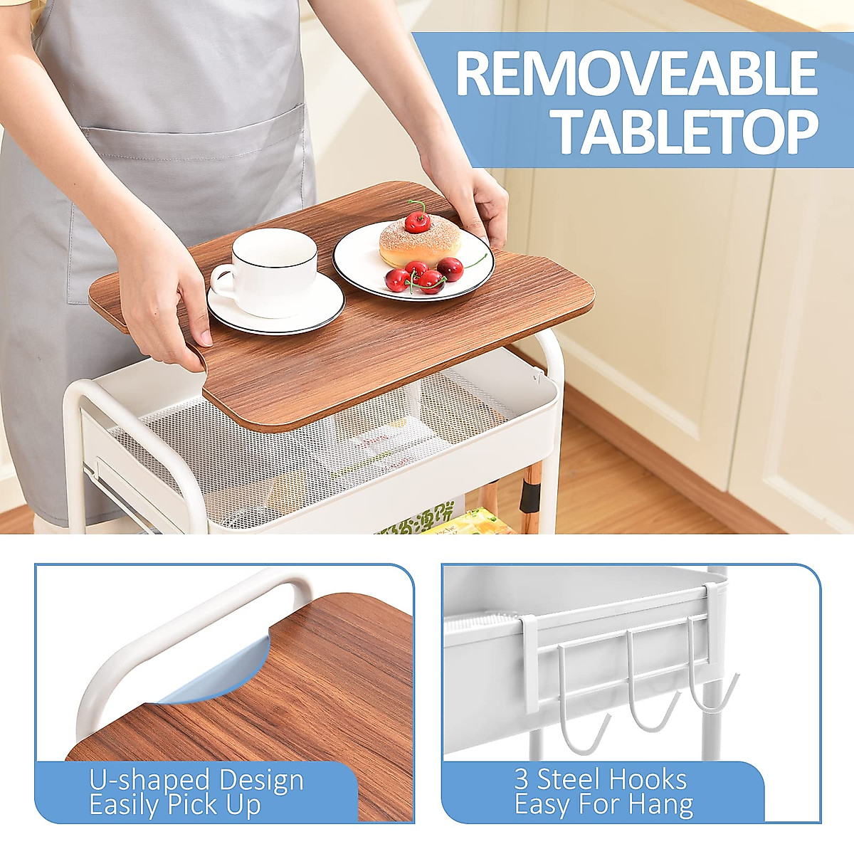 TOOLF 3-Tier Rolling Cart, Metal Utility Cart with Detachable Tray Top, Storage Craft Art Cart Trolley Organizer Serving Cart Easy Assembly for Office, Bathroom, Kitchen, Kids' Room, Classroom