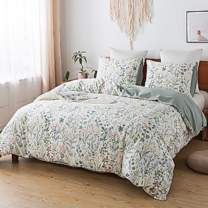 HoneiLife Duvet Cover Queen Size - 100% Cotton Comforter Floral Breathable Duvet Cover with Zipper Closure & Corner Ties,3pcs Wildflower Comforter Cover Sets- Fragrant Grass