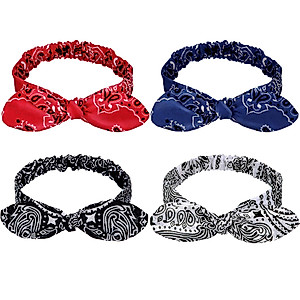Hicarer 4 Pcs Bandana Headband for Women Knot Retro Print Headbands Paisley Print Headband Red Blue Black White Adjustable Headwrap