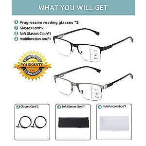 Multifocus Reading Glasses Men Progressive Multifocal Blue Light Computer Reader Half Frame Metal Extra Wide Eyeglasses No Line Bifocals Large Designer Cheaters Transition Square Eyewear 2packs 1.25