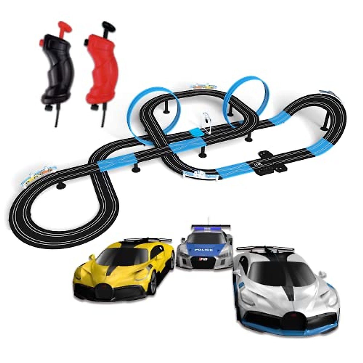 AGM MASETCH High Speed Series Tram Dual Track Set, 8.4m Electric Track with 3 Vehicles Slot car Racing, Comes with 2 Hand Controls and Track Parts and a Lap Counter