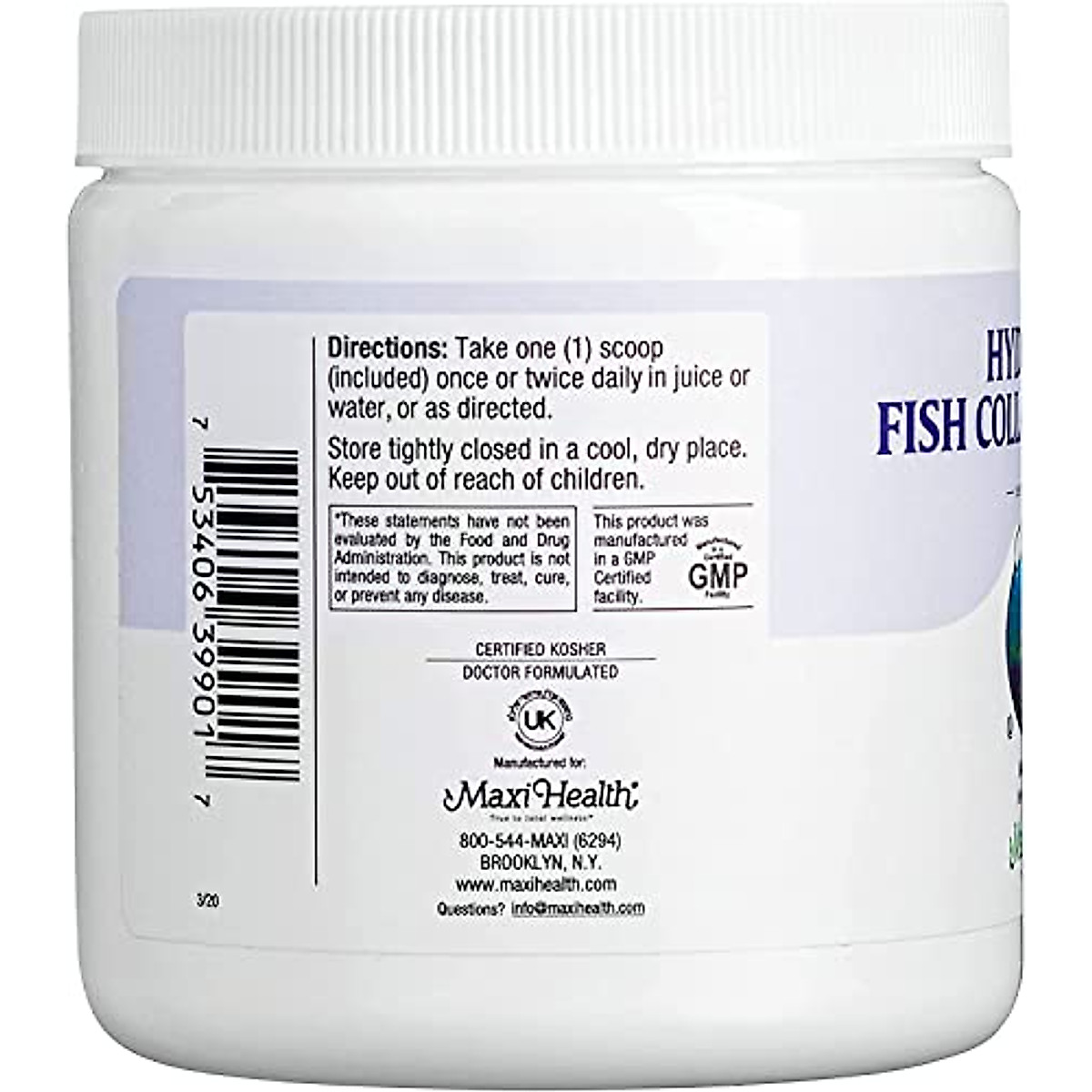 Maxi Health Collagen Powder - Collagen Protein Powder - Marine Collagen Powder for Women & Men - Type I Unflavored Fish Collagen Hydrolyzed Collagen Protein - Hair Growth & Skin Supplement (10.75 oz)