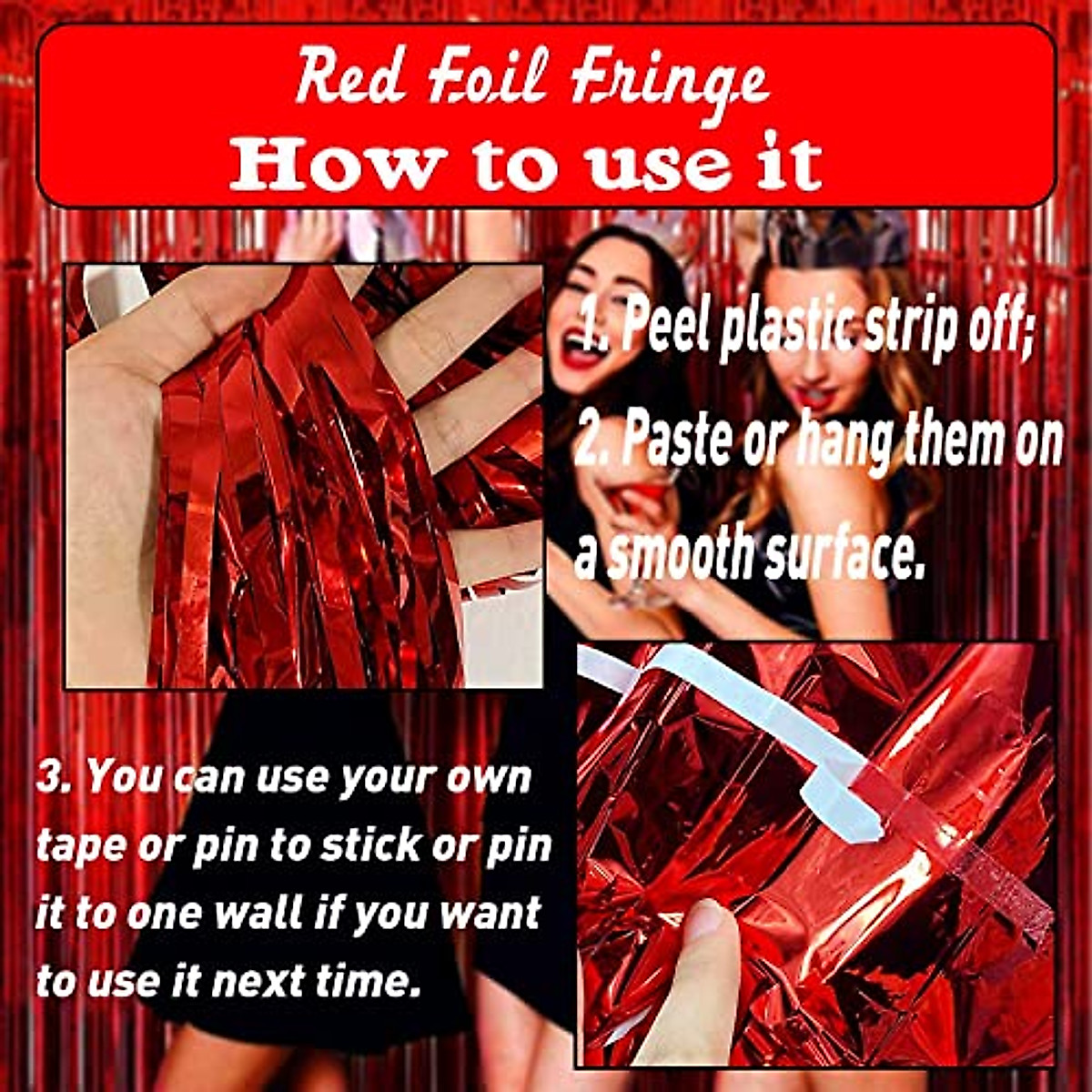 8 Pack Red Tinsel Foil Fringe Curtain Backdrop, 3.28Ft x 8.2Ft Metallic Streamers for Photo Booth Birthday Wedding Bridal Shower Bachelorette New Year Party Thanksgiving Christmas Decorations