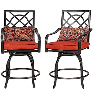 Patiomore Patio Swivel Bar Stools, Outdoor Bar Height Bistro Chairs Set of 2, Metal Iron Frame with Seat Cushions, Red