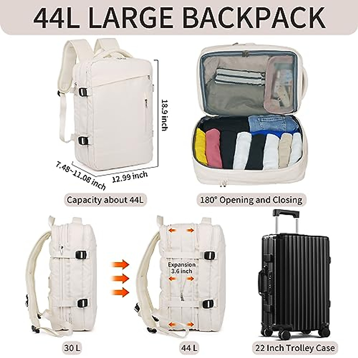 QOECI Waterproof Travel Backpack for Women Men, 44L Carry On Backpack with USB Charging Port, 17.3" Laptop Backpack, Personal Item Bag for Airlines Approved, Business Backpack Casual Daypack 1680D