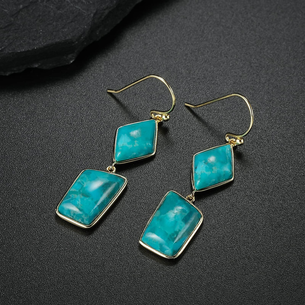 Jupiter Turquoise Earrings for Women, 14k Gold Plated Natural Gemstone Dangle Earrings, Genuine Blue Turquoise Birthstone Drop Earrings Fashion Jewelry Gifts for Birthday, Valentine's Day (10X15 mm Turquoise)