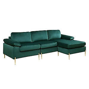 Devion Furniture 101" W Modern Design Velvet Sectional Sofa with Spacious Chaise, Cushioned Arms & Metal Legs in Green & Gold Finish
