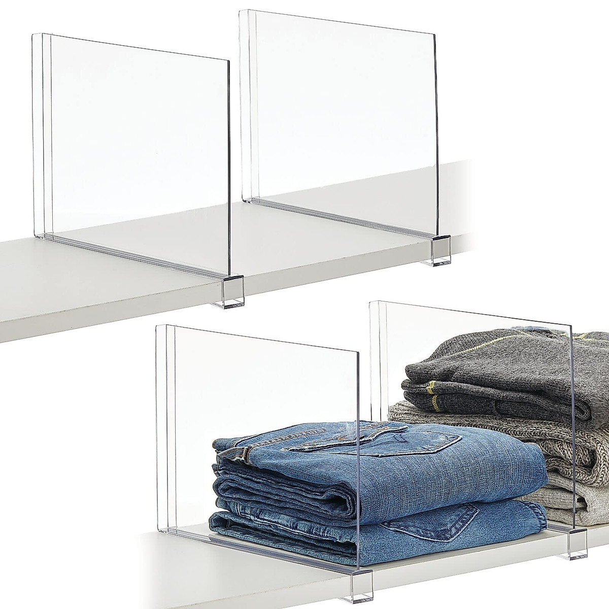 mDesign Plastic Closet Shelf Dividers; Tall Organizer Separators with Clip for Shelves in Bedroom and Closets for Jean, Sweater, Shirt, Purse, and Clothes Storage - Lumiere Collection, 4 Pack, Clear