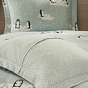 Sleep Philosophy True North Cozy Flannel Duvet Cover 100% Cotton Flannel Novel Adorable Animal Print, All Season Comforter Cover Bedding Set with Sham, King/Cal King, Aqua Penguin 3 Piece