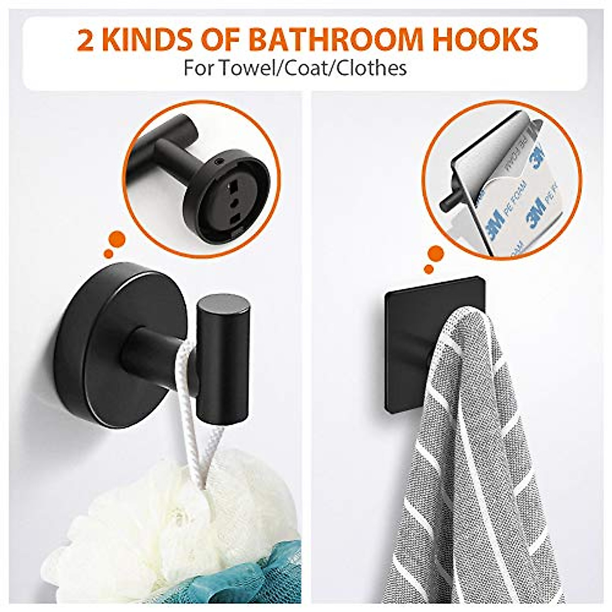 Tudoccy 5-Pieces Matte Black Bathroom Hardware Set SUS304 Stainless Steel Round Wall Mounted - Includes 16" Hand Towel Bar, Toilet Paper Holder, 3 Robe Towel Hooks,Bathroom Accessories Kit