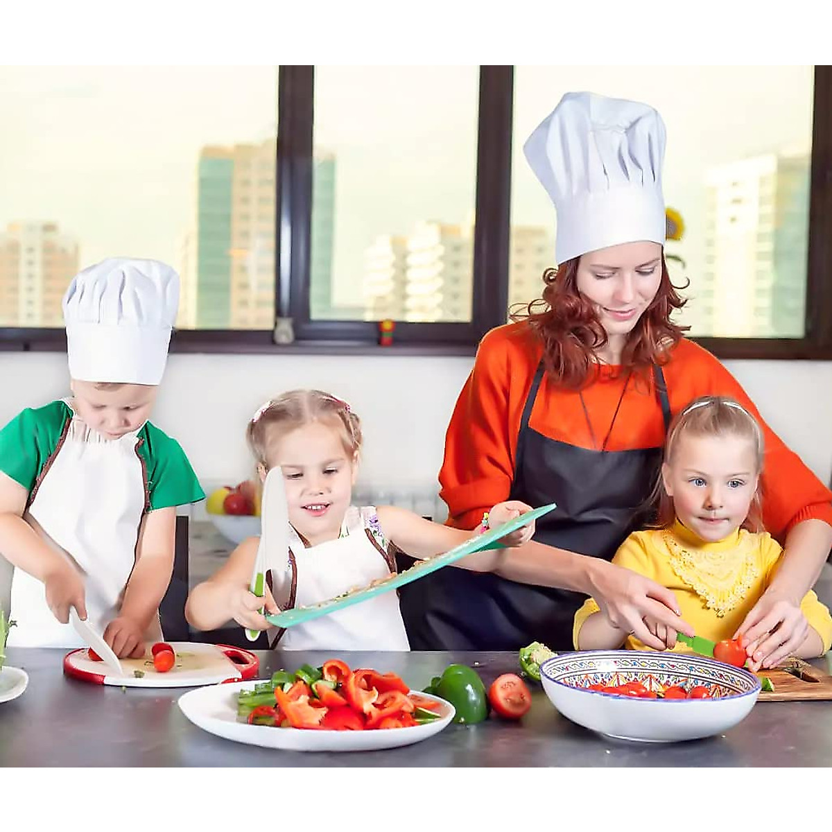 Kids Knife Set 5 Pcs Toddler Safe Knives Plastic Child Friendly Knife with Crinkle Cutter BPA-Free Serrated Edges Kitchen Tools for Real Cooking and Cutting Lettuce Board Sandwich