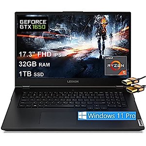 Lenovo Legion 5 17 Gaming Laptop 17.3" FHD IPS Display AMD Hexa-Core Ryzen 5 5600H (Beats i7-10750H) 32GB RAM 1TB SSD GeForce GTX 1650 4GB Backlit USB-C Nahimic Win11 Pro Black + HDMI Cable