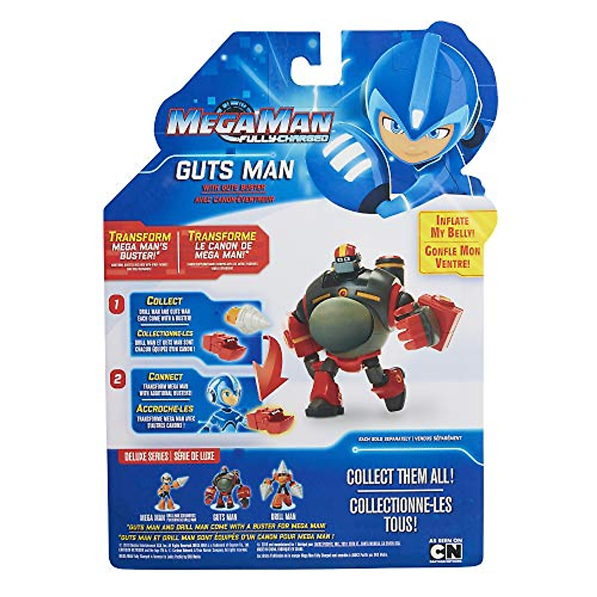 Mega Man Fully Charged – Deluxe Guts Man Articulated Action Figure with Expanding Belly and Guts Man Buster Accessory (to swap onto the Mega Man figure)! Based on the new show!