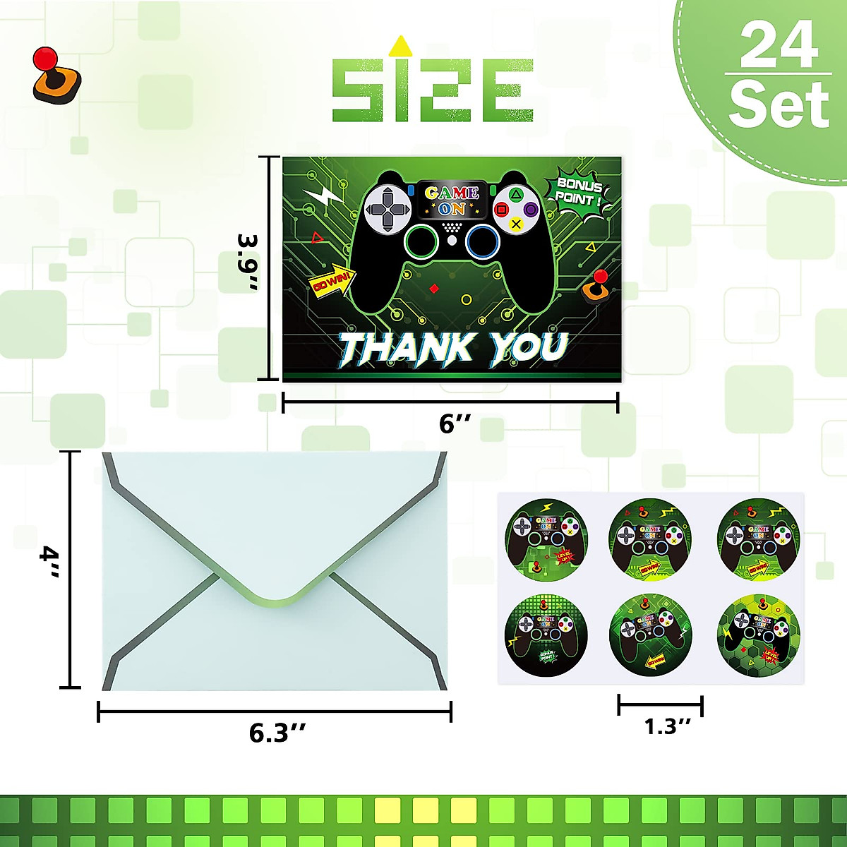 WERNNSAI 24 PCS Thank You Cards Assortment Greeting Cards with Envelopes Stickers Video Game Thank You Cards Fill in Blank Note Cards Gaming Party Supplies for Kids Boys Gaming Theme Birthday Party