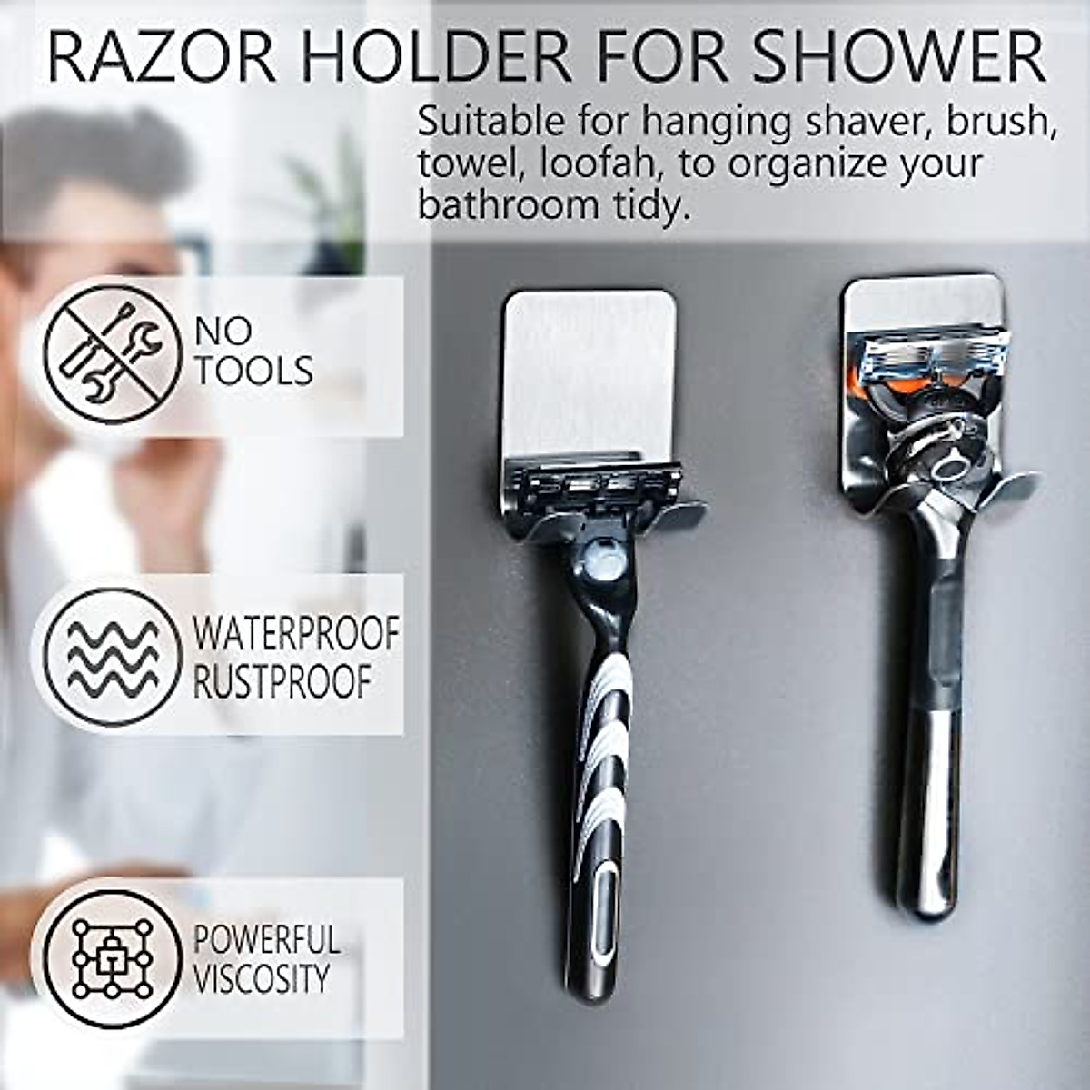 KOFANI Razor Holder for Shower, 4 Pack Stainless Steel Razor Holder Hooks, Waterproof Self-Adhesive Shaver Holder Hanger Hooks for Bathroom Kitchen to Organize Loofah Robe Towel Plug Coat