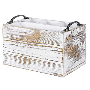 MyGift Vintage White Wood Dining Utensil Caddy and Napkin Holder - 4 Compartment Flatware Serving Storage Organizer with Antique Style Metal Handles