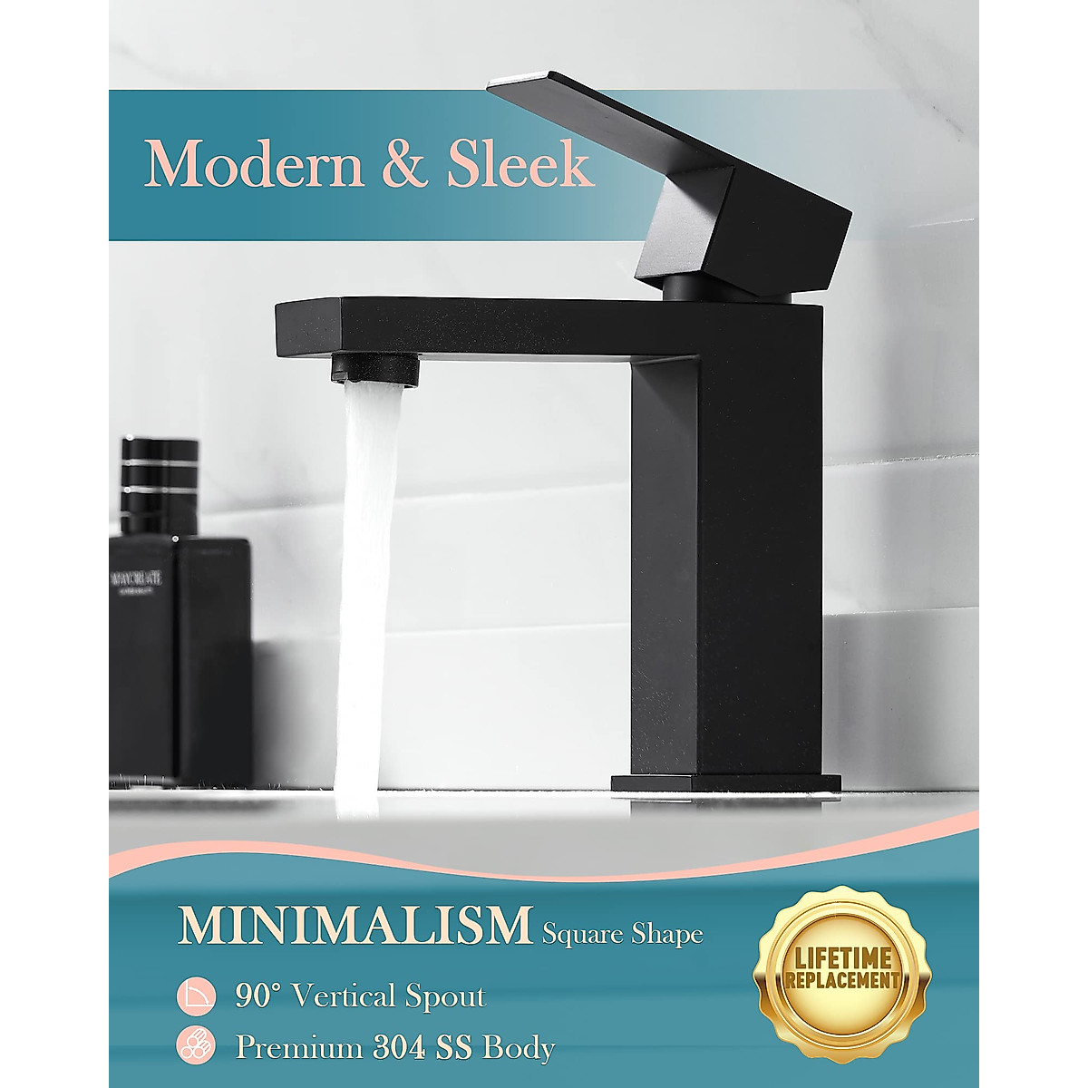 KUZOR Bathroom Faucets Matte Black, Single Hole Bathroom Sink Faucet with Metal Pop Up Drain, 304 Stainless Steel Modern Square One Hole Faucet for Bathroom Sink, Black Matt