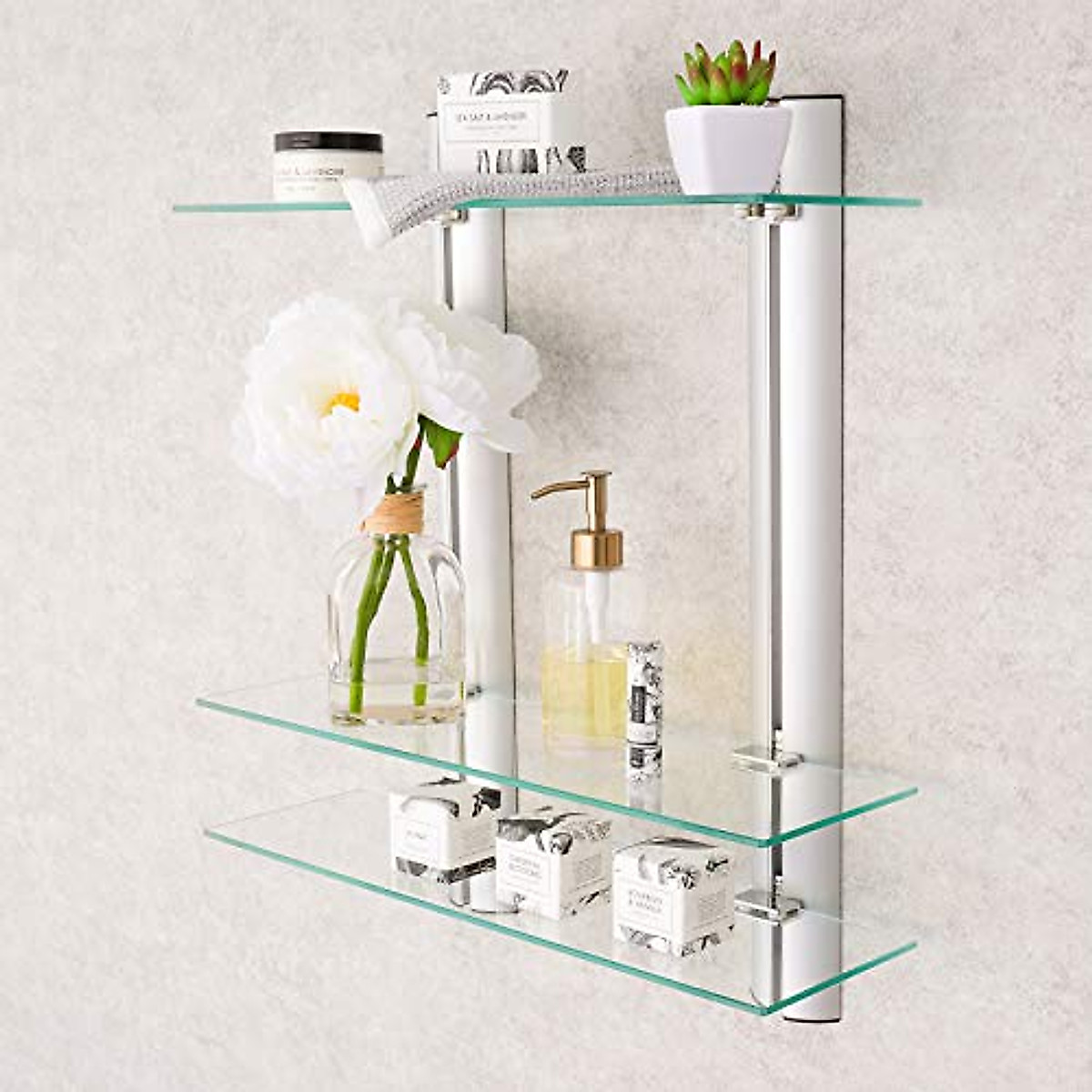 Danya B HA83163 Bathroom Shelving Unit – Decorative Wall-Mount 3-Tier Adjustable Glass Wall Shelves on Aluminum Bars – Bathroom Shelf, Wall Mount Shelf