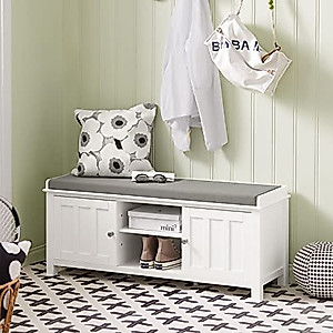 Haotian FSR35-W, White Storage Bench with 2 Doors, Shelf & Removable Seat Cushion, Shoe Cabinet, Shoe Bench