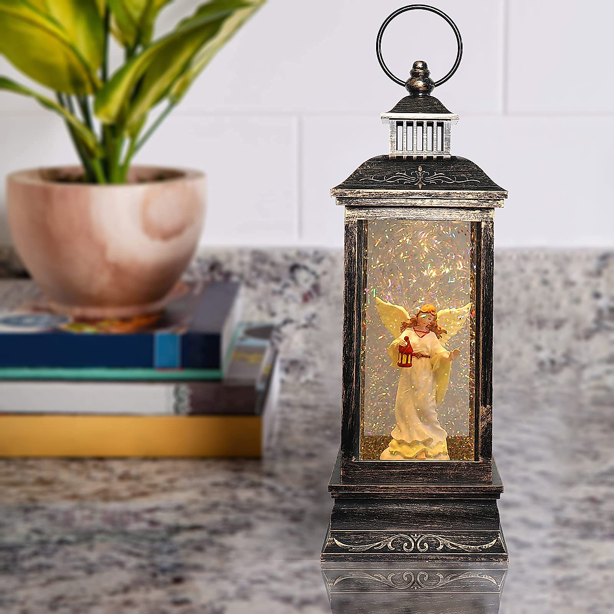 Christmas Water Glittering Snowing Globe Lantern Night Light with Music Plug-in and Battery Operated Gift for Birthday Xmas Valentines’ Day Thanks-Giving 12 Inches