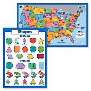 2 Pack - USA Map for Kids [Illustrated] + 3D Shapes Poster (LAMINATED, 18" x 29")