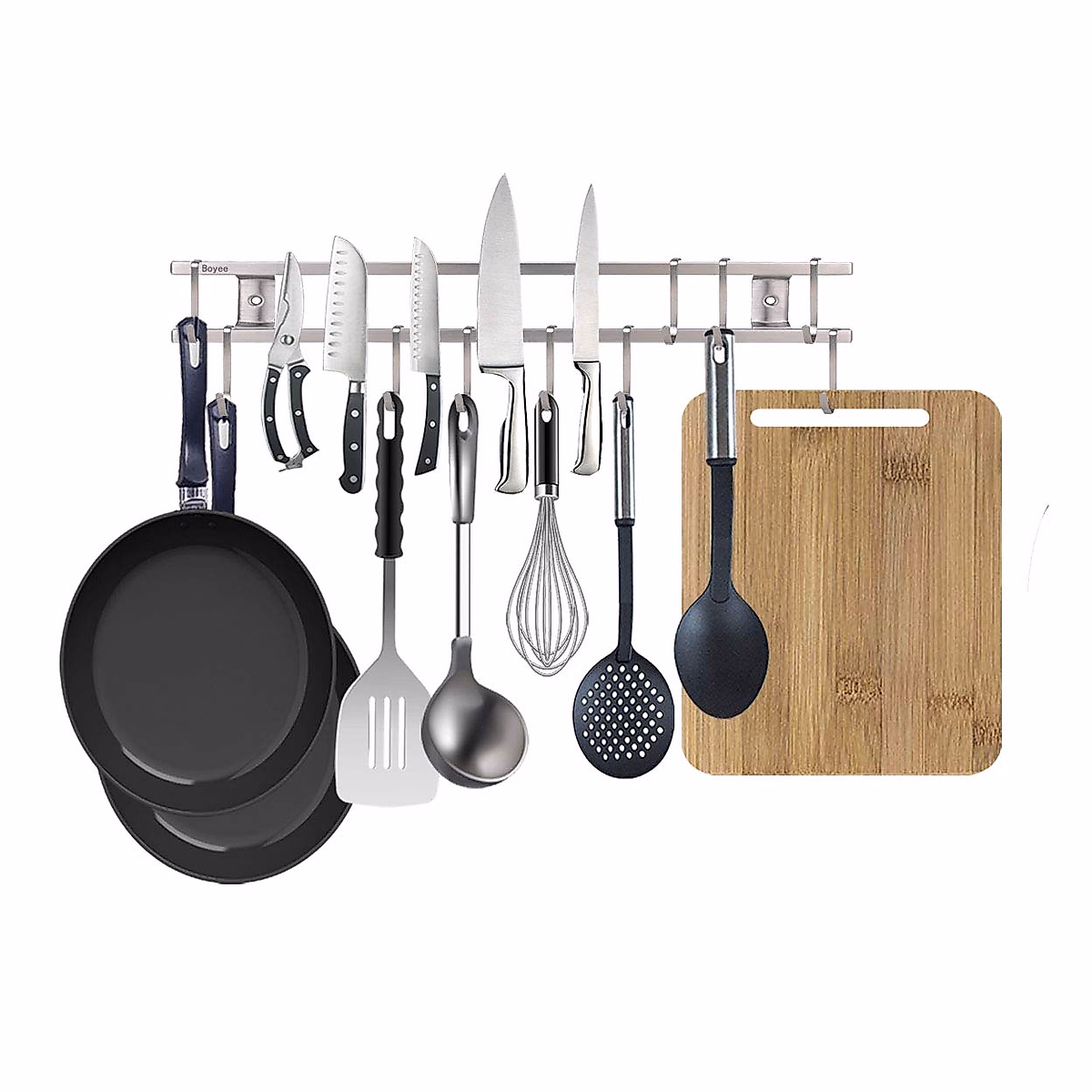 YOLLIT 24 Inch Stainless Steel Magnetic Knife Strip, with 10 Removable Square Hooks, Multi-use as Knife Holder, Utensil Rack, Cookware Rack, Cutting Board Rack, Space Saving Organizer for Kitchen