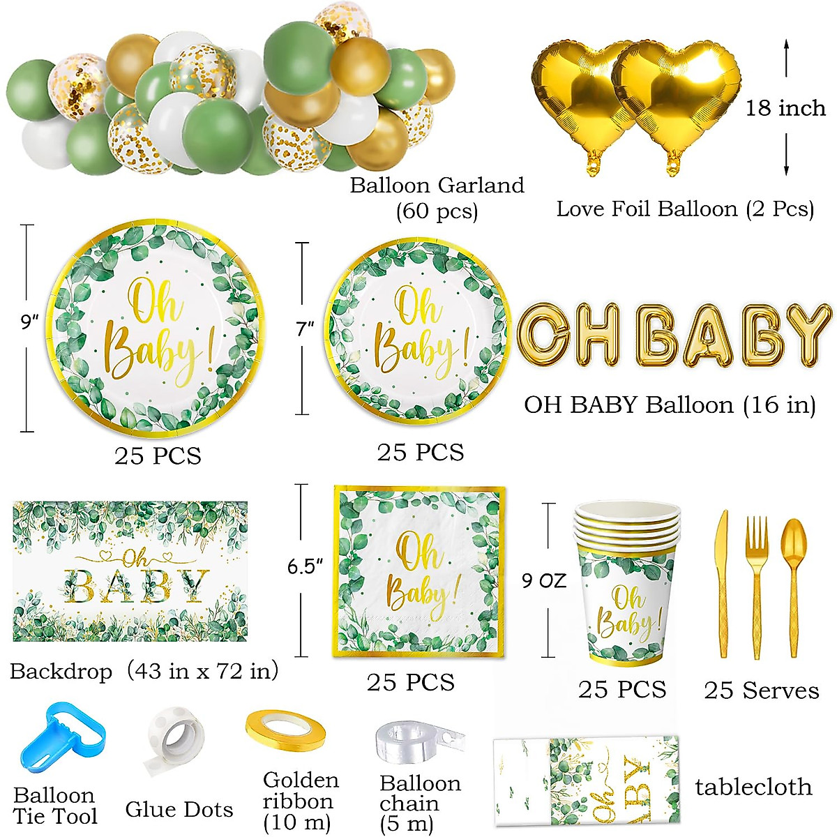244 PCS Sage Green Baby Shower Decoration Set Includes Plates, Napkins, Cups, Cutlery, Oh Baby Backdrop Tablecloth Balloon Garland Kit for Boho Greency Neutral Party Supplies, 25 Guest