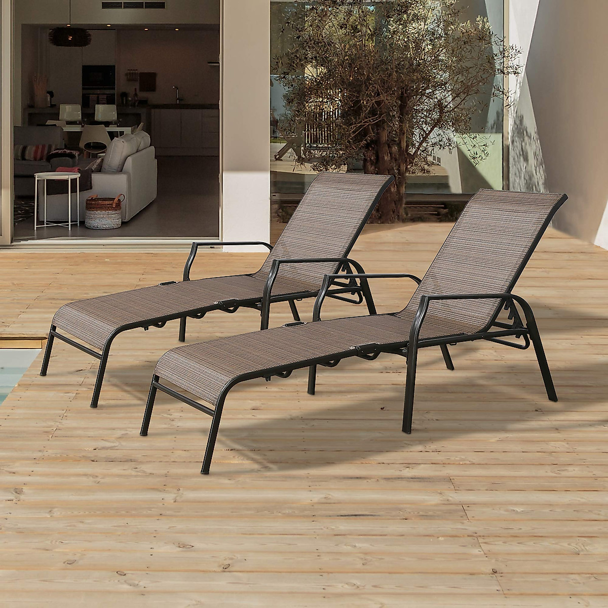 PATIO TREE 2-Piece Folding Textilene Mesh Sling Outdoor Chaise Lounge Chairs, Patio Steel Frame Recliners with Adjustable Backrest for Outside