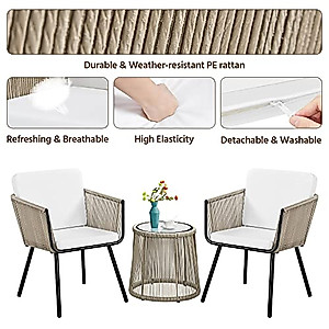 Topeakmart 3 Piece Patio Bistro Set, Outdoor All-Weather Conversation Bistro Set w/ 2 Wide Ergonomic Chairs, Cushions&Glass Top Table for Porch, Backyard, Balcony, Garden