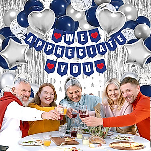 We Appreciate You Decorations Navy Blue Silver Thank You Banner Balloons Foil Fringe Curtains Backdrop Hanging Swirls Streamer Thanks Party for Employee Teacher Doctor Appreciation Party Gifts Decor