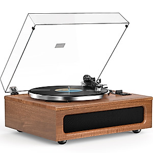 All-in-One Vintage Record Player High Fidelity Belt Drive Turntable for Vinyl Records Built-in 2 Tweeter and 2 Bass Stereo Speakers, Vinyl Player with MM Cartridge, Bluetooth, Aux-in, RCA, Auto Stop
