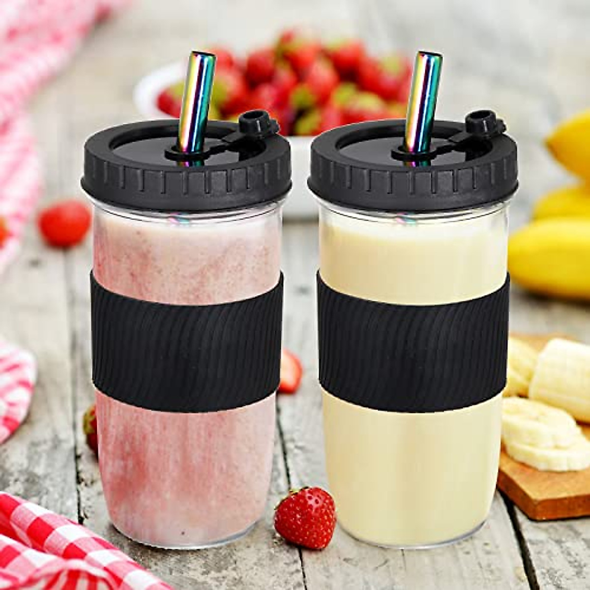 Youeon 4 Pack 24 Oz Reusable Boba Cup with Lids and Straw, Iced Coffee Cups Glass Smoothie Cups, Bubble Tea Cups Mason Jar Cups with Silicone Sleeve, BPA Free, Dishwasher Safe, 2 Colors