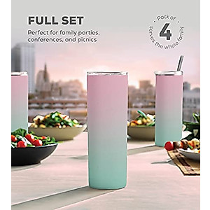 Insulated Skinny Stainless Steel Tumbler Set - 4-Pack 20oz Coffee Tumbler with Straw - Travel Coffee Mug With PBA Free Lids - Slim Vacuum Insulated Tumblers Keep Hot and Cold - Great for Home, Office.