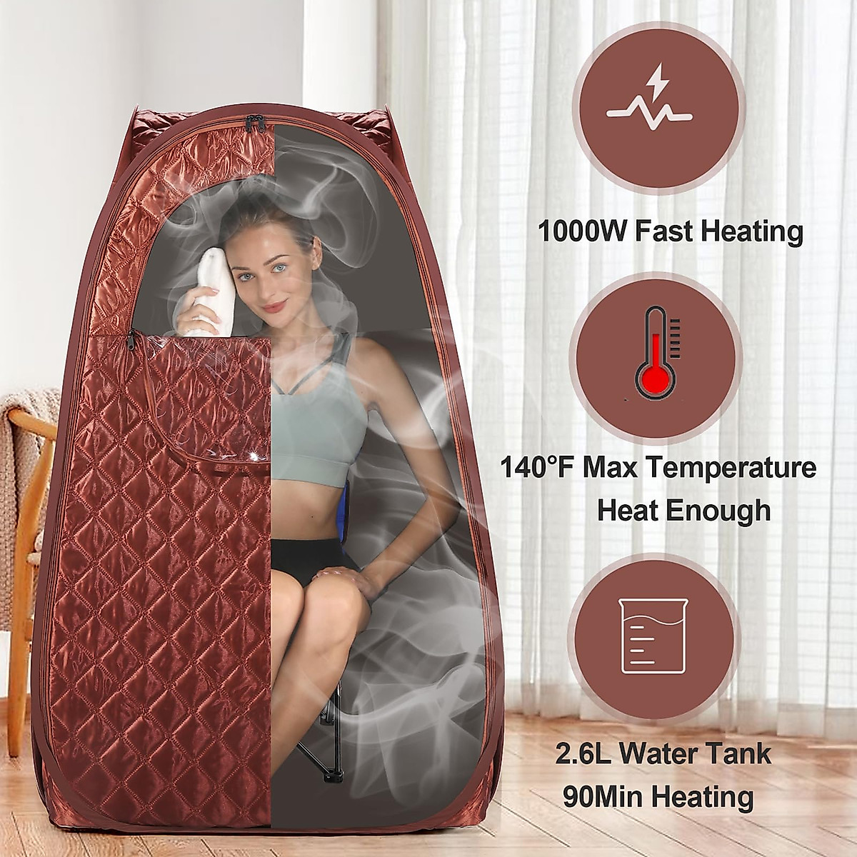 Single Person Sauna, Portable Steam Sauna Full Body for Home Spa, Sauna Tent with Steamer 2.6L 1000W Steam Generator, 90 Minute Timer, Chair, Remote Control Included(Brown)