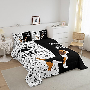 Lovely Dog Paw Comforter Set Full,Cute Puppy Bones Bedding Set Black and White Animal Theme Down Comforter Ultra Warm Dog Side My Side Quilted Duvet for Kids Boys Girls Couple with 2 Pillow Shams