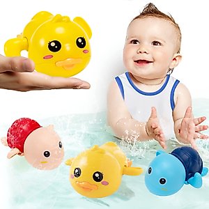 GRIKAI Bath Toys for Toddlers 1 2 3 4 Year Age Girl Boy Gift Mold Free, Baby Bathtub Wind Up Turtle for Infant 6,12,18 Month, Water Pool Swim Tub Toy Set 3-Pack (Turtle & Duck)