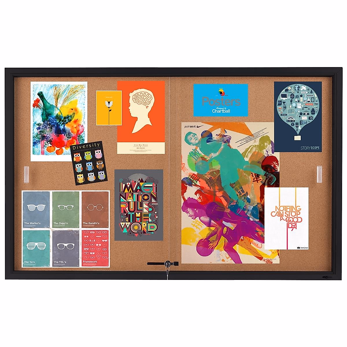 Enclosed Sliding Door Cork Bulletin Board, 5 x 3 Feet, Self-healing Corkboard Display Surface, 60" x 36" Notice Board for Wall Mount with Included Mounting Hardware, Black, Aluminum Frame