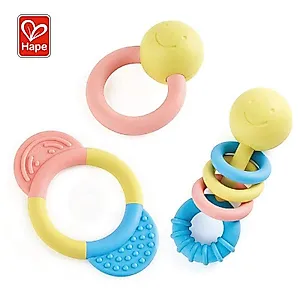 Hape Rattle & Teether Collection | 3-Piece Rattle & Teething Set for Babies, Soft Colors