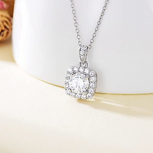 AHTAMOS Moissanite Necklace 1ct 6.5mm 18k White Gold Plated Silver D Color Round Brilliant Cut Halo Pendant Necklace for Women 18+2 Inches Style 1