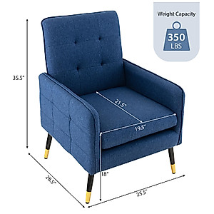 Giantex Modern Mid-Century Accent Chair - Upholstered Armchair with Tufted Back, Metal Legs, Adjustable Foot Pads, Linen Fabric Single Sofa Chair for Reading, Living Room Chair for Bedroom, Blue