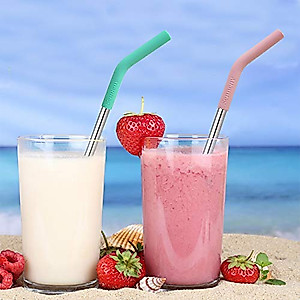 Senneny Set of 5 Stainless Steel Straws with Silicone Flex Tips Elbows Cover, 2 Cleaning Brushes and 1 Portable Bag Included (Silver)- 8mm diameter