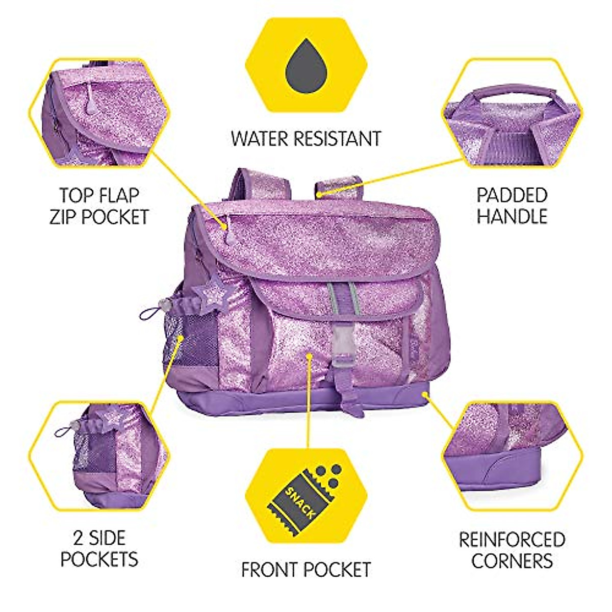 Bixbee Kids Backpack, Purple Sparkly Bookbag for Girls & Boys Ages 7 - 10 | Daycare, Preschool, Elementary School Bag for Kids | Easy to Carry & Water Resistant