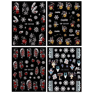 JMEOWIO 3D Embossed Christmas Nail Art Stickers Decals Self-Adhesive Pegatinas Uñas 5D White Snowflake Xmas Winter Holiday Nail Supplies Nail Art Design Decoration Accessories 4 Sheets
