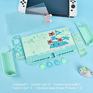 DLseego Animal Crossing Switch OLED Case Protective Cover Dockable Hard Shell Joy Con Skin Accessory With 4PCS Thumb Grips Caps and 2PC Screen Protectors