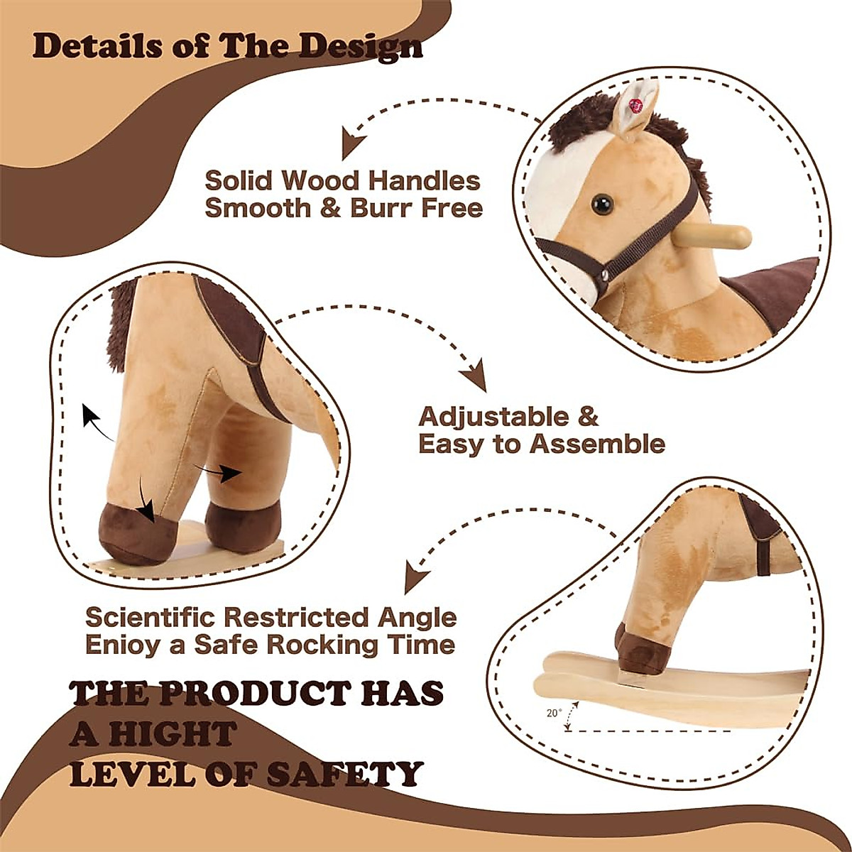 Rock My Baby Plush Rocking Horse, Soft Filling Ride on Pony, Rocking Animal with Realistic Sound, Stuffed Rocker for Kids 18 Months and up (Light Brown),CPC Certified